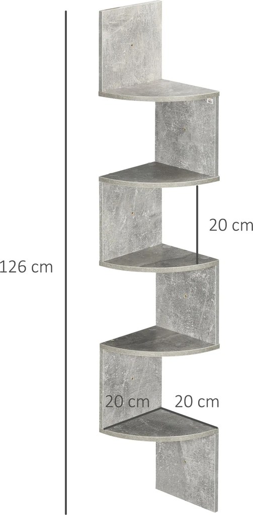 HOMCOM Stěnná rohová polička v zigzag designu 20Š x 20H x 126V cm, 5 úrovní, dřevo, šedá
