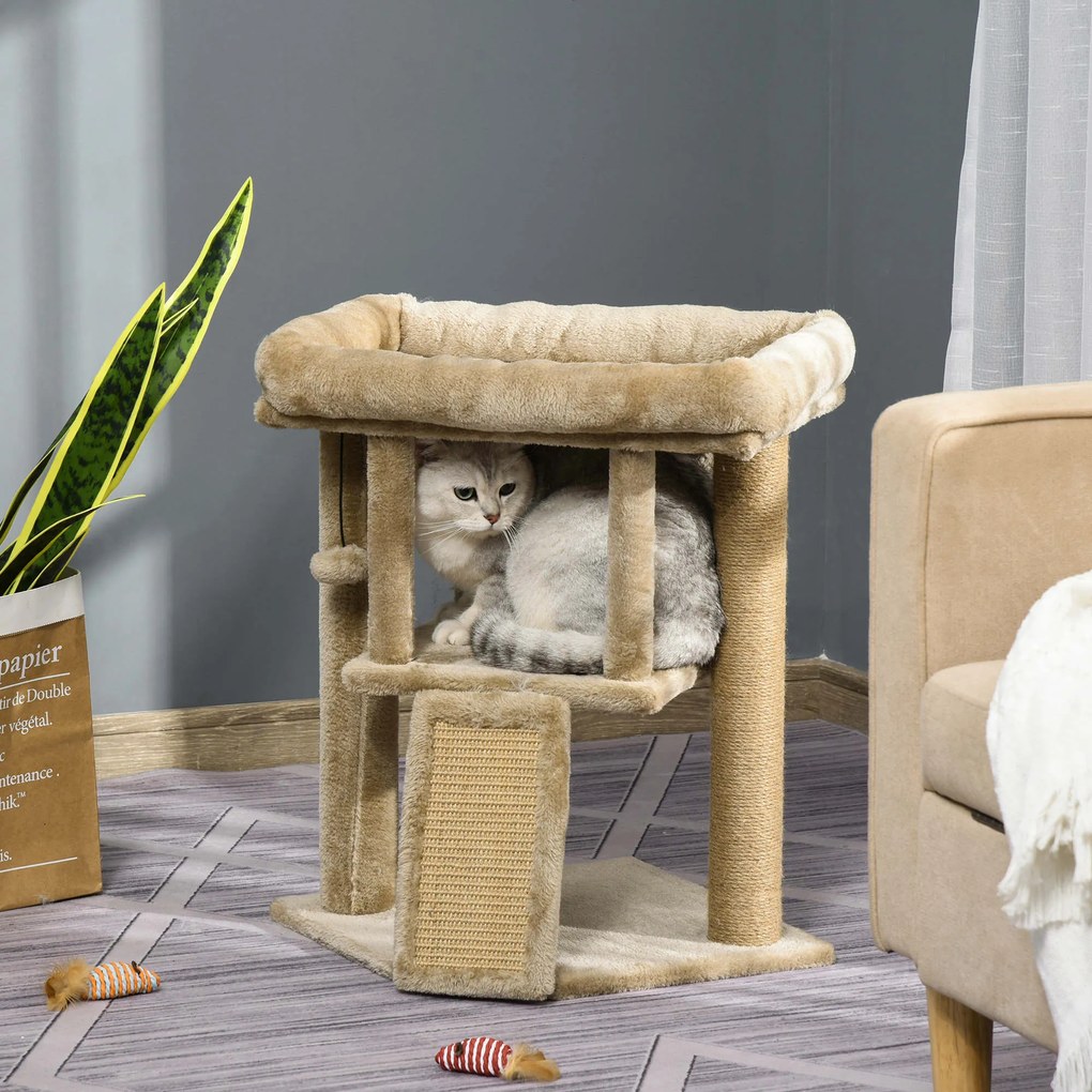 PawHut Škrabací sloup 57 cm Malý kočičí strom s kočičí jeskyní, odpočinkovou platformou, škrabacím panelem, hracím míčem, kočičí nábytek pro kočky do…