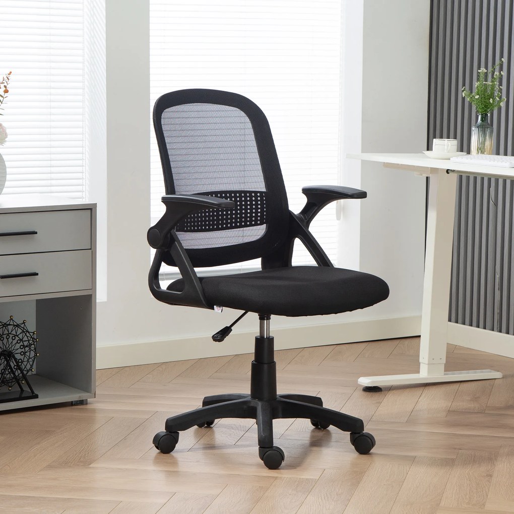 HOMCOM ergonomická síťovaná kancelářská židle se sklopnými područkami, bederní oporou a nastavitelnou výškou — černá