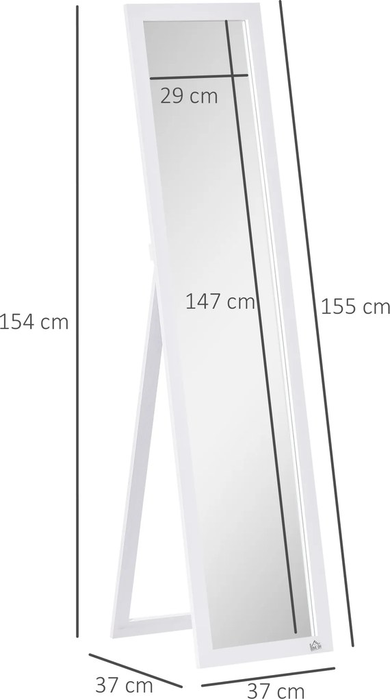 HOMCOM Zrcadlo v plné délce, 154 x 37 cm se stojanem, Podlahové zrcadlo do obývacího pokoje a ložnice, Bílé