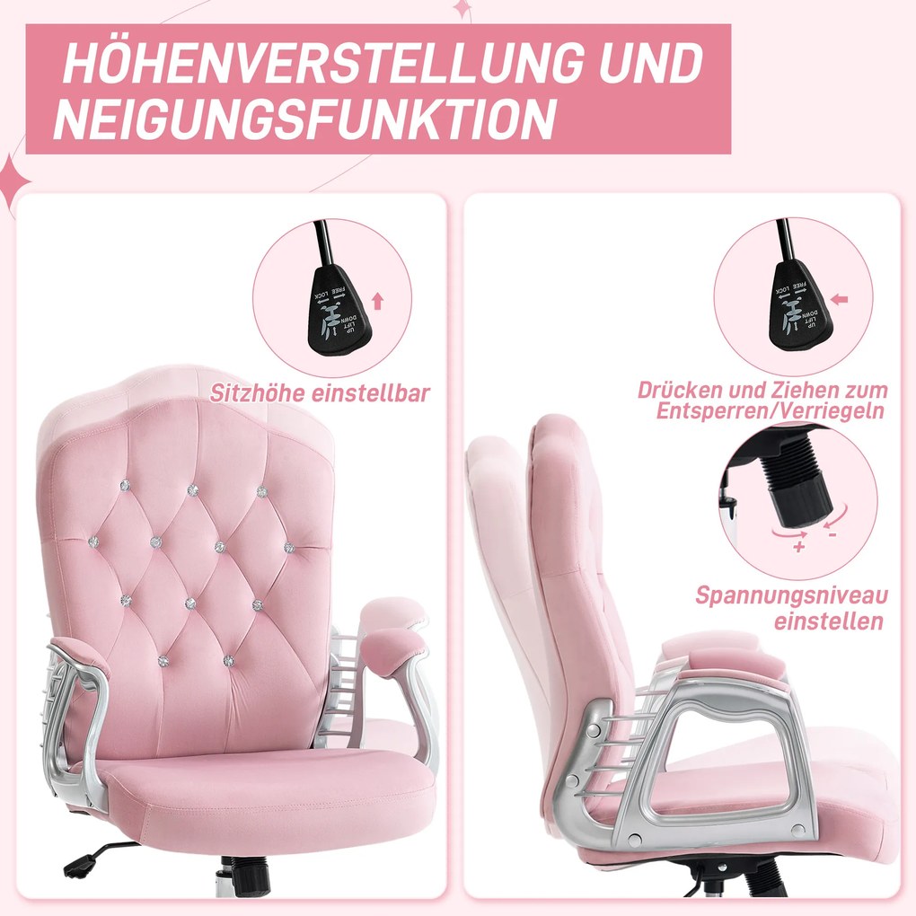 Kancelářská židle HOMCOM pro ženy, ergonomická kancelářská židle s houpací funkcí, výškově nastavitelná, nosnost 120 kg, růžová| Aosom