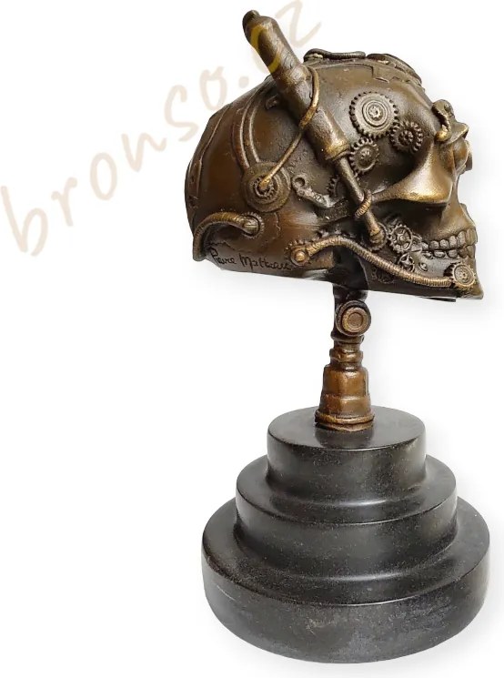 Steampunková lebka – bronzová soška hlavy robota, originální umělecká dekorace v industriálním stylu
