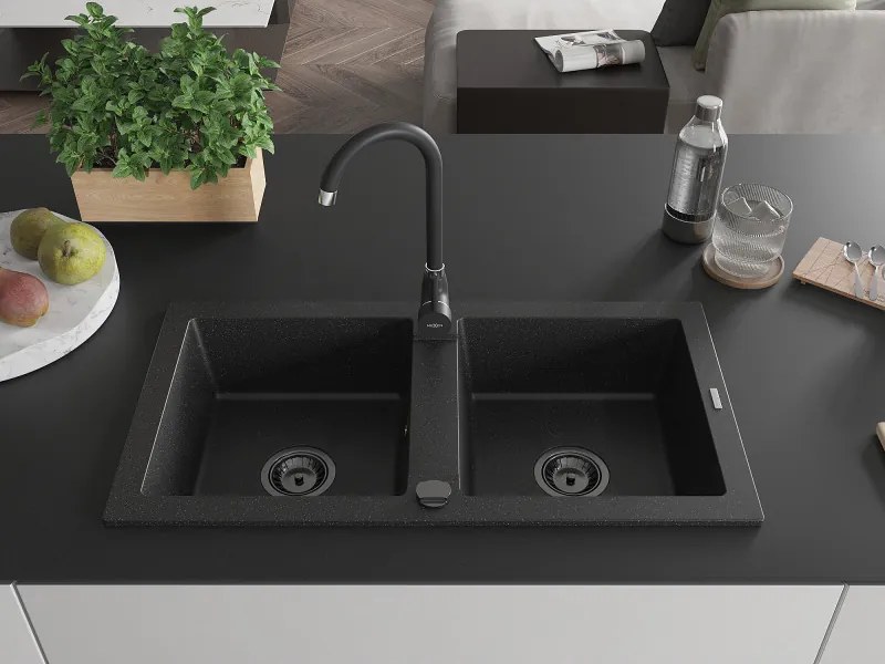Mexen Mario, granitový dřez 820x436x161 mm, 2-komorový, černá-stříbrná metalíza s černým sifonem, 6504822000-73-B