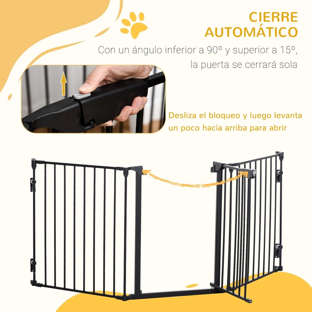 Skládací psí zábrana PawHut 180x74,5 cm s 3 panely a automatickým zámkem pro bezpečnostní bránu na schodiště a chodby - černá