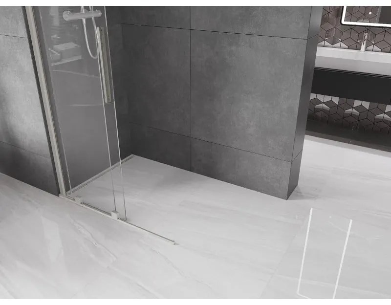 Mexen Velar, sprchová zástěna s posuvnými dveřmi Walk-in 90 x 200 cm, 8mm čiré sklo, broušená ocel, 871-090-000-03-97