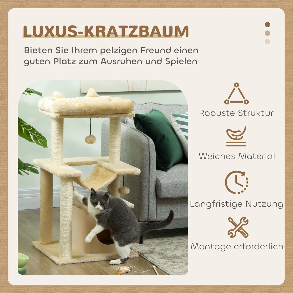 PawHut kočičí strom 90 cm škrabací sloup s houpací sítí, herní strom, kočičí jeskyně, platformy, šplhací strom, škrabací sloup, aktivitní škrabací st…
