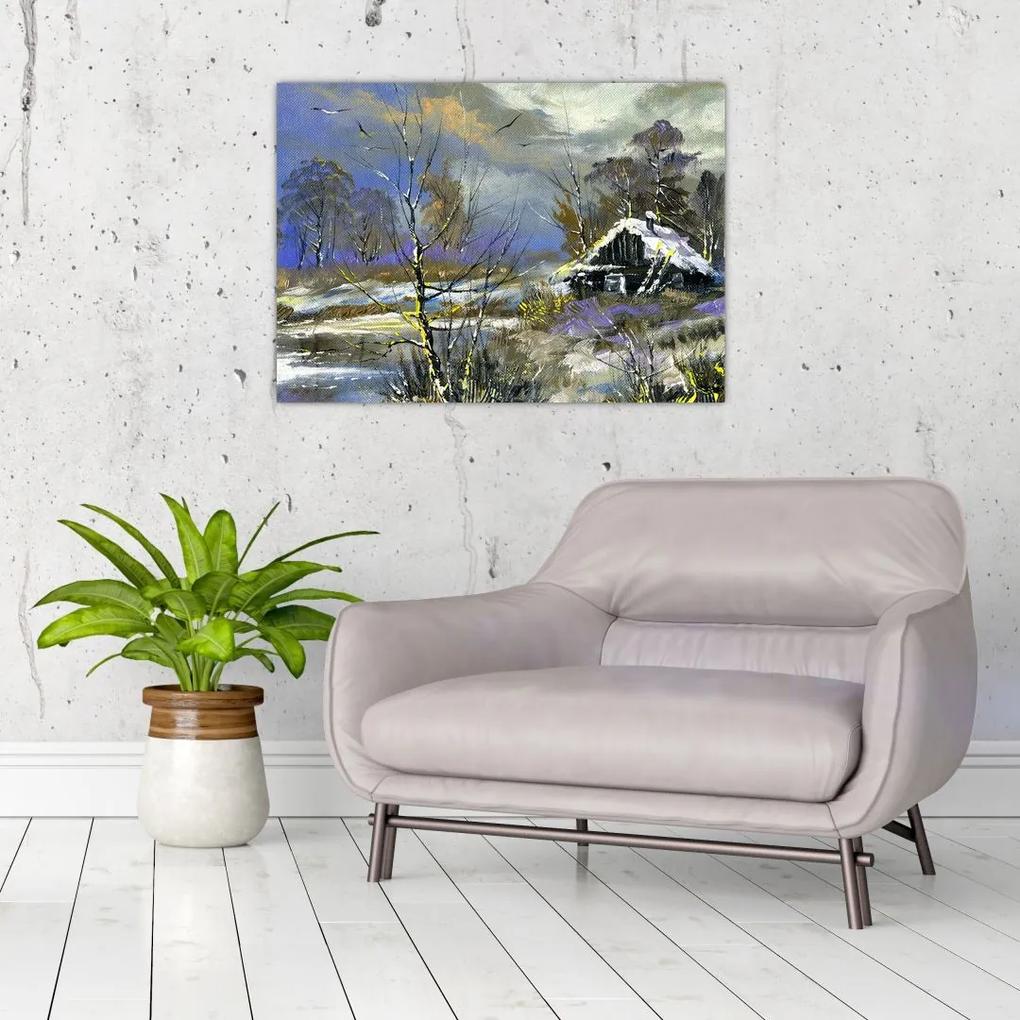 Skleněný obraz chaloupky v zimní krajině, olejomalba (70x50 cm)