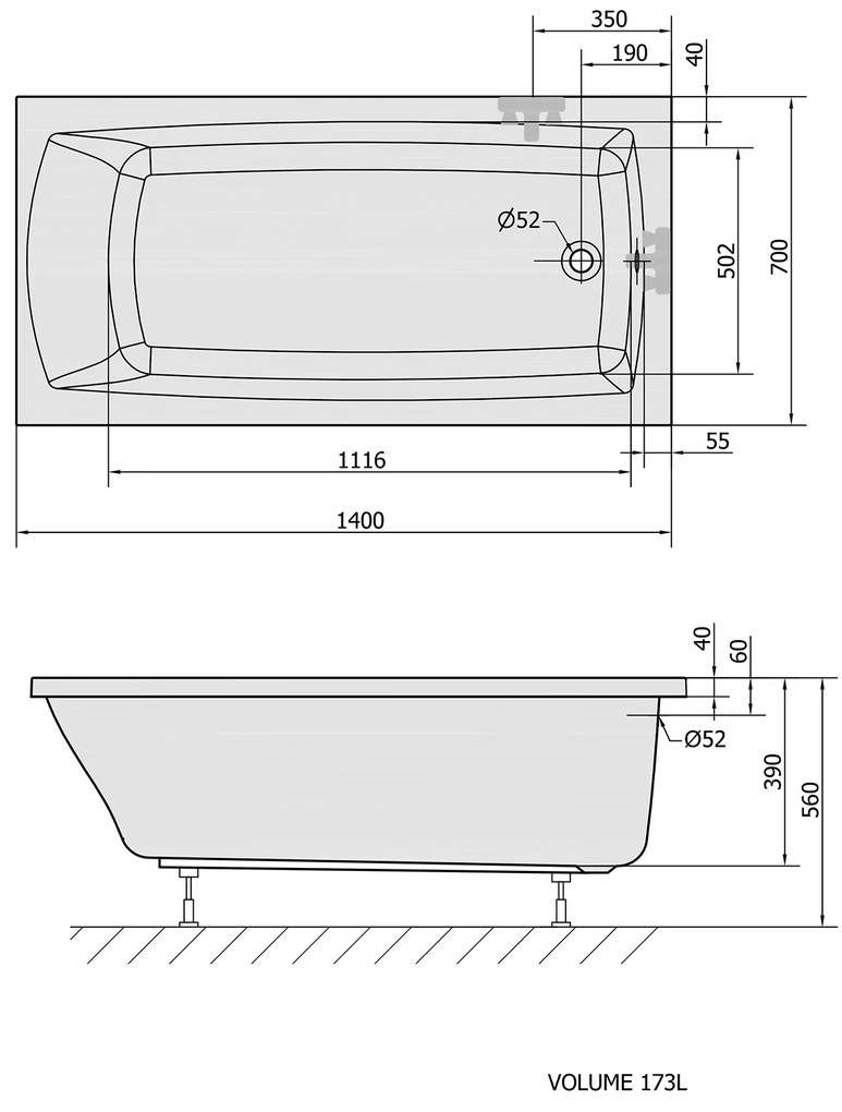 Polysan LILY obdélníková vana s konstrukcí 140x70x39 cm, bílá, 72210