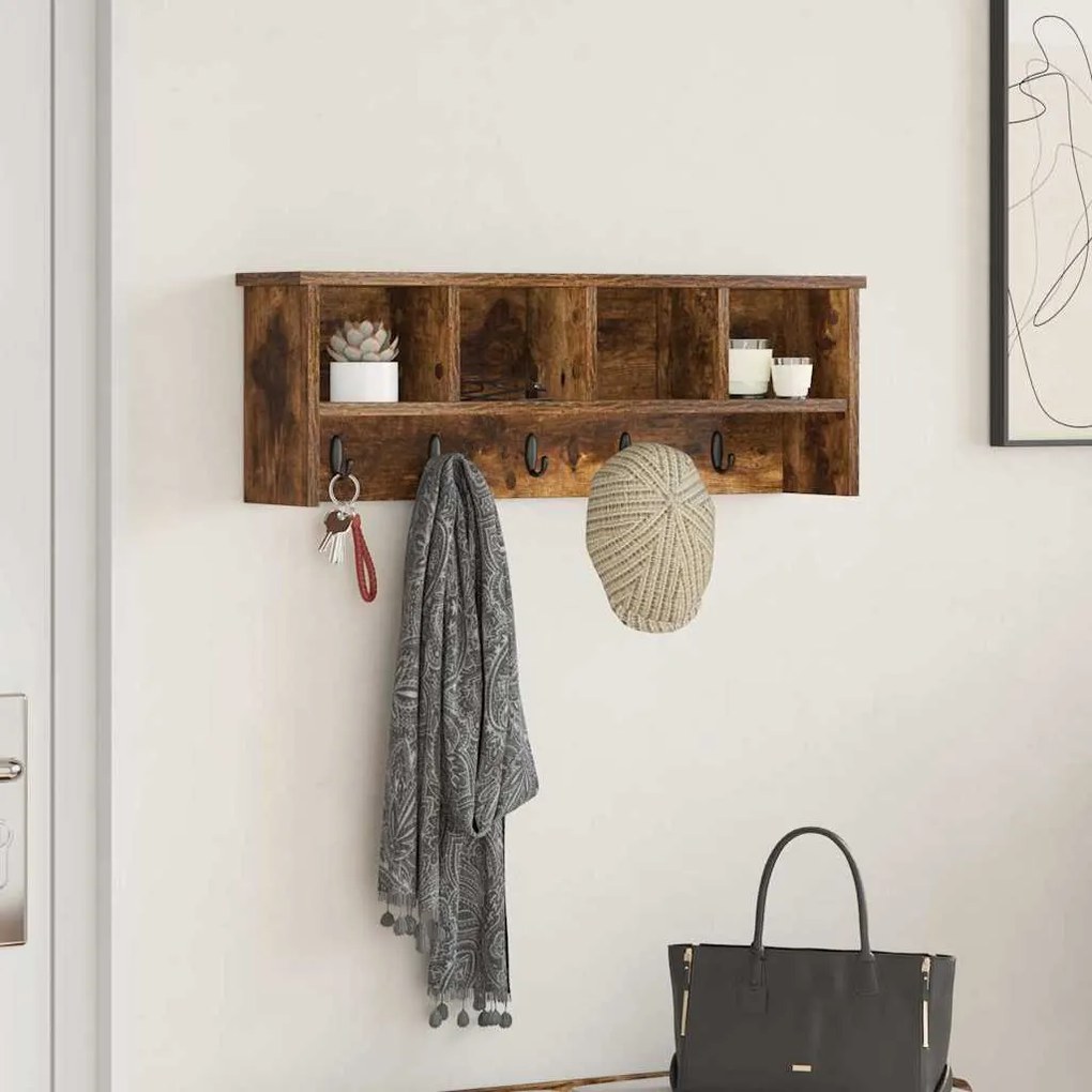 věšák, nástěnný, 4 poličky, háčky, kompozitní dřevo, 26x75x16 cm, kouřový dub, Dekorino TK20260021