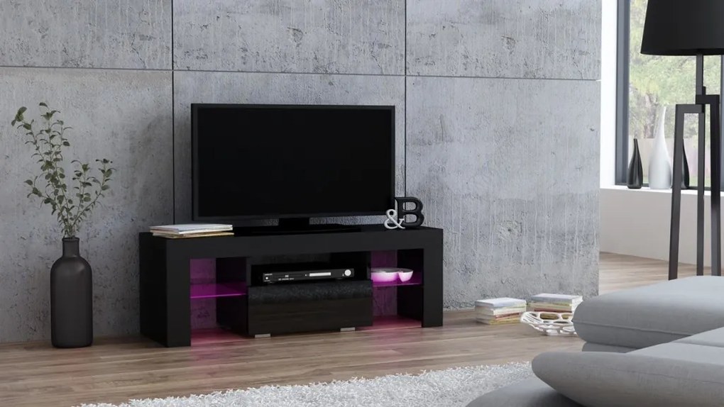 Mazzoni TV stolek MILA lesk 110 LED černá, černá zásuvka
