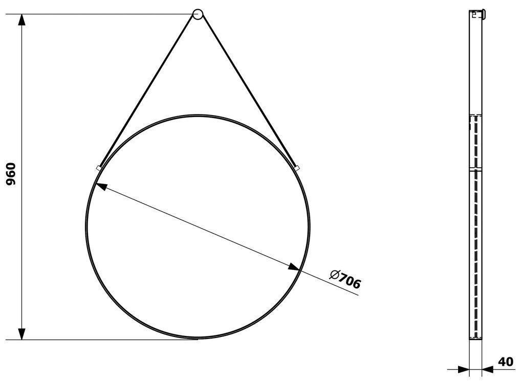 Sapho Sapho, ORBITER zrcadlo kulaté s koženým popruhem, ø 70cm, černá matná, ORT070