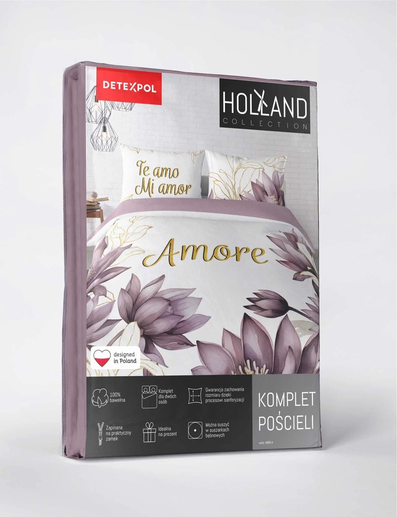 Detexpol Bavlněné povlečení 160x200 bílé vřesové květy Amore 4866 A Holland 73