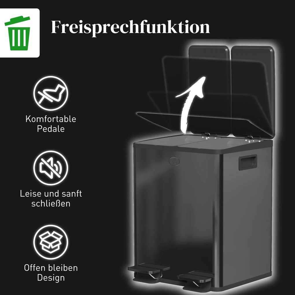HOMCOM 2 x 20litrové dvojité odpadkové koše, otevírání pomocí pedálu, snadné čištění, nerezová ocel, plast, černá barva