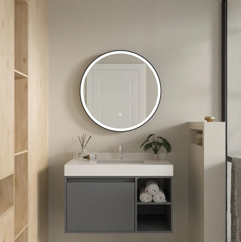 Erga Olivia, kulaté LED zrcadlo 70cm, černý kovový rám, 1610 lm, 6500K, ERG-V01-202-7070-BK