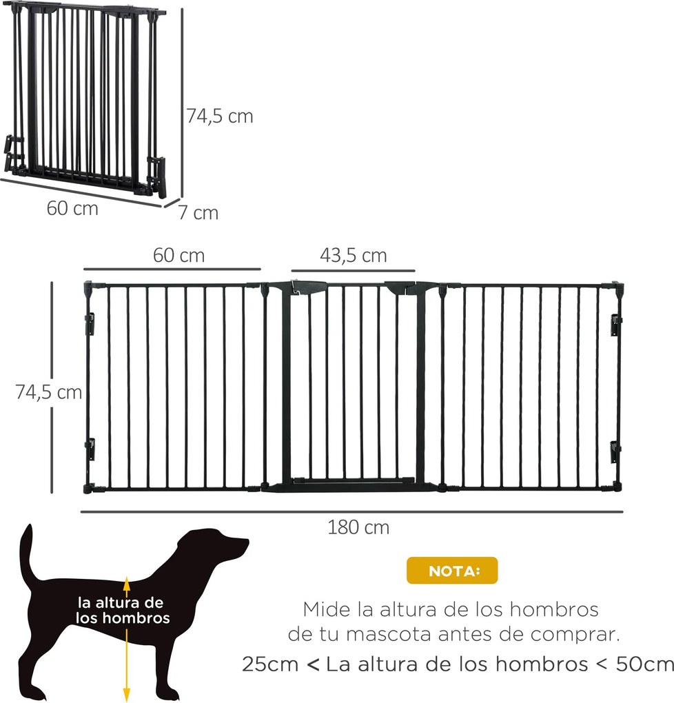 Skládací psí zábrana PawHut 180x74,5 cm s 3 panely a automatickým zámkem pro bezpečnostní bránu na schodiště a chodby - černá