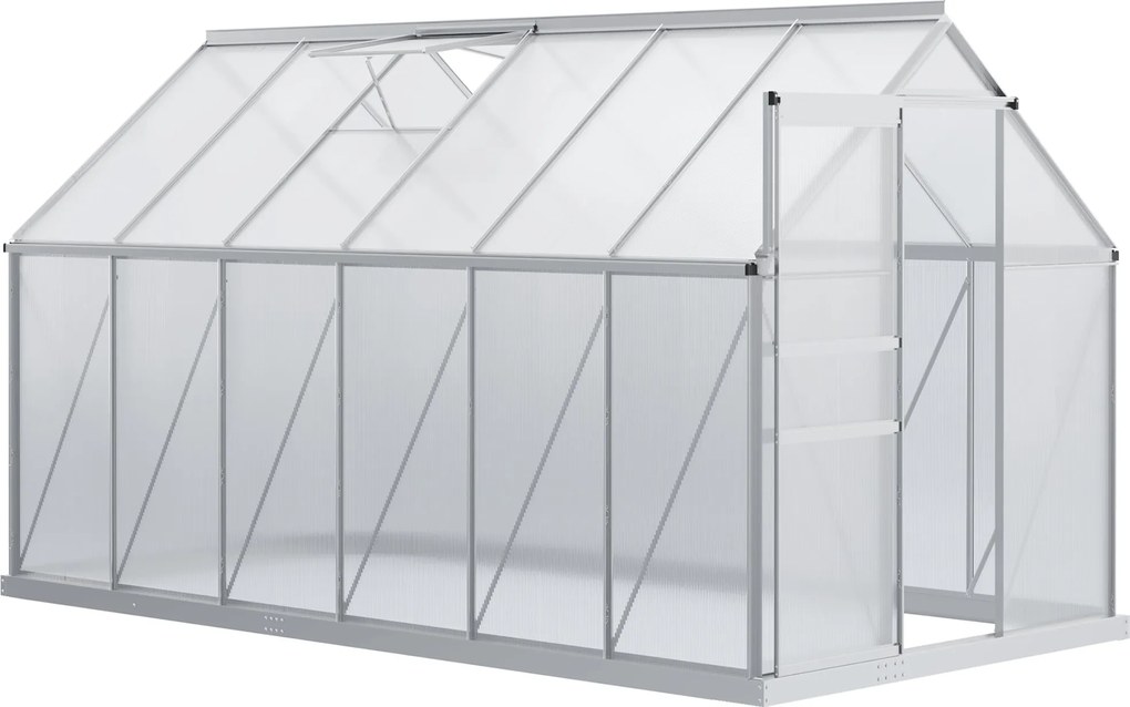 Zahradní skleník Outsunny s polykarbonátem 7,1 m² rozměry 1,9L x 3,75W x 1,99H se základem, nastavitelným střešním oknem a posuvnými dveřmi - Stříbrný