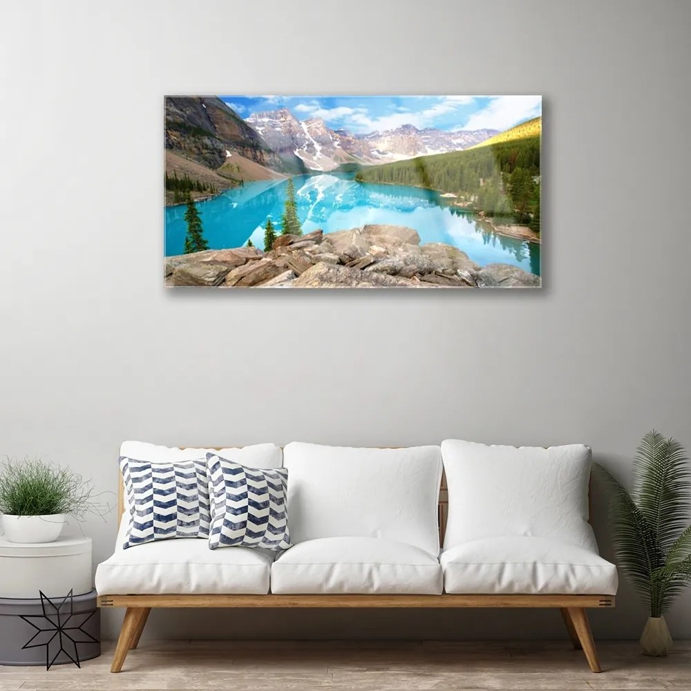 Obraz na skle Hory Jezero Příroda 125x50 cm