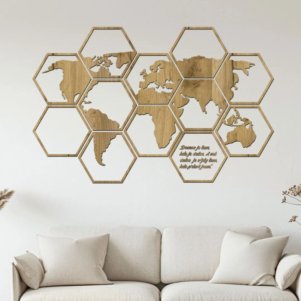 dřevo života Dřevěná mapa světa Hexagon Zvolte barvu dekoru: Dub zlatý, Rozměry šxv (cm): 93x60