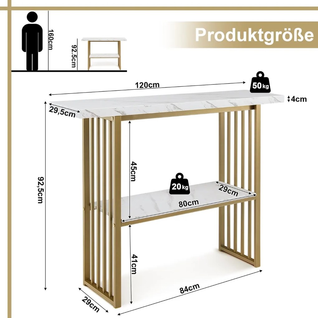 Costway 2 Rovný konzolový stůl s mramorovým vzhledem bílá a, bílý