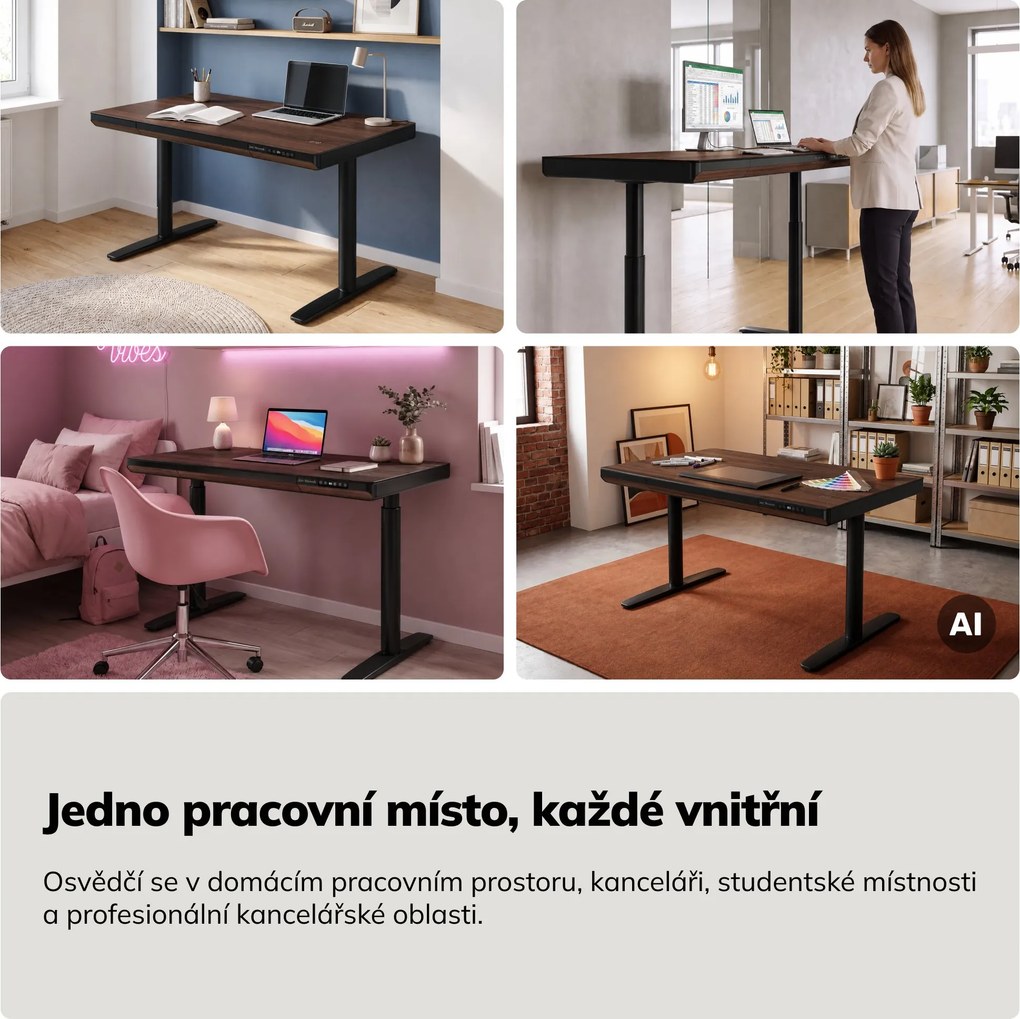 Elektrický psací stůl sit-stand se zásuvkou a bezdrátovou nabíječkou Qi černý/ořech, 1200 mm: ELLIS