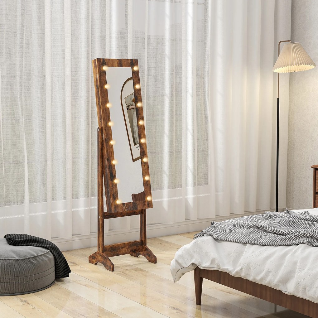 HOMCOM šperkovnice s nastavitelným zrcadlem a LED osvětlením, 36x30x136 cm, rustikálně hnědá