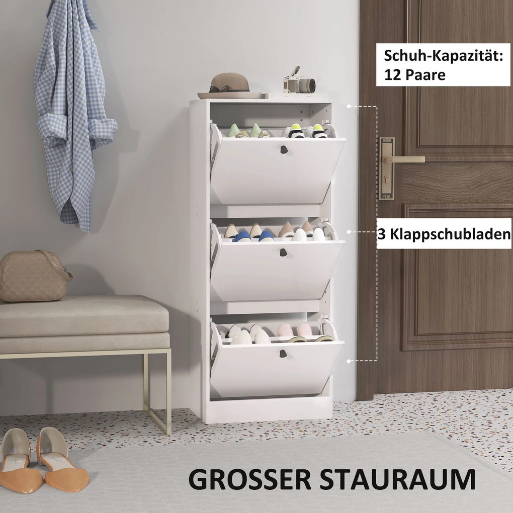 HOMCOM Botník se 3 skládacími dvířky, botník s nastavitelným děličem, štíhlý botník pro 12 párů bot 47 x 28 x 115 cm, bílý