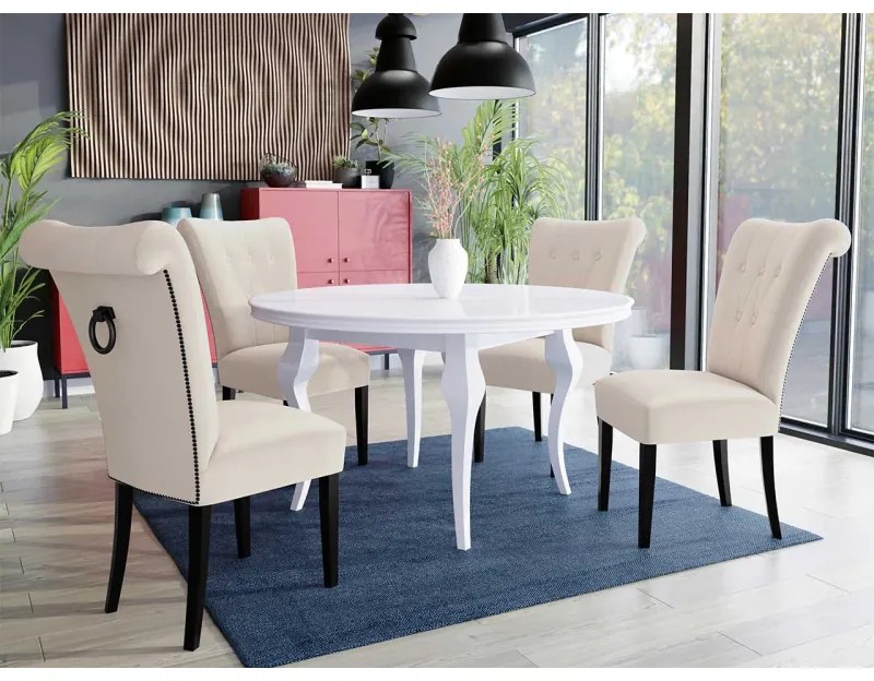 Stůl Julia FI 120 se 4 židlemi ST65 s klepadlem 10, Klepadlo: černé, Barva křesla: bíla, Barva stolu: bíly lesk, Potah: Magic Velvet 2225