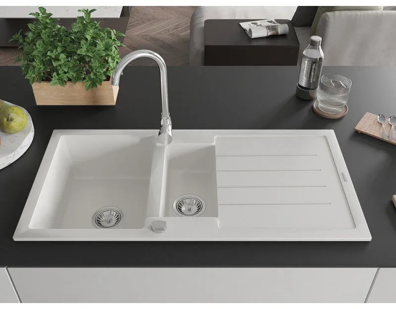 Mexen Andres 1,5-komorový granitový kuchyňský dřez s odkapávačem 100x50 cm a kuchyňská baterie Telma, bílá, 6515-20-670200-00