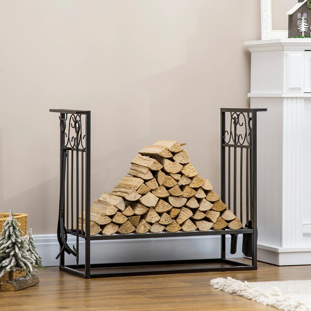 HOMCOM Stojan na palivové dřevo s krbovým nářadím 75 x 30 x 60 cm, černý ocelový stojan na palivové dřevo, skladování palivového dřeva a krbové nářadí