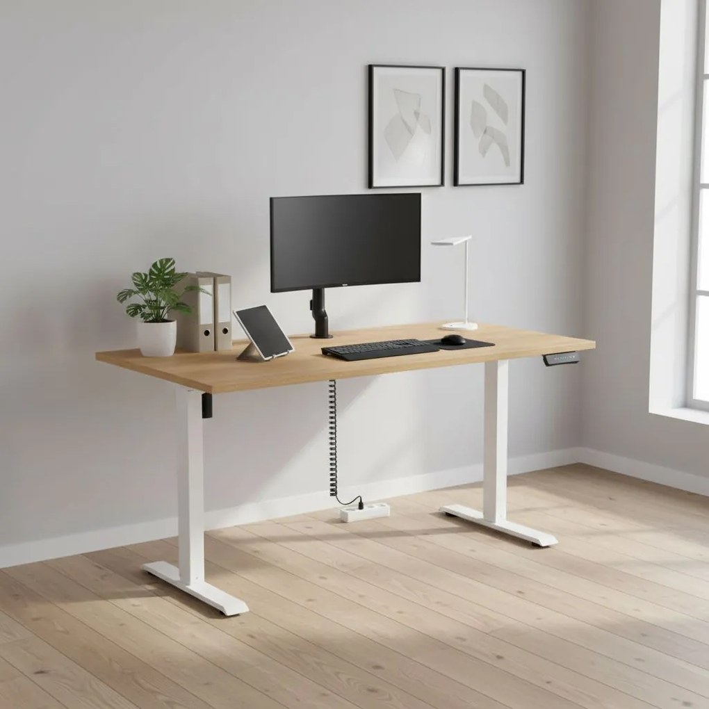 Výškově nastavitelný stůl OfficeTech B, 120 x 80 cm, bílá podnož, dub kamenný