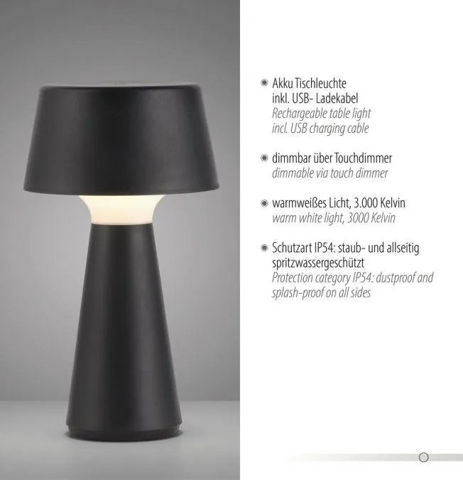 LD 19260-18 ABERA LED stolní lampa na baterie černá dotykový stmívač IP54 USB vnitřní i venkovní použití 3000K - JUST LIGHT