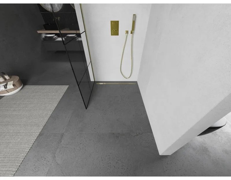 Mexen Kioto L, sprchová zástěna Walk-In 90 x 200 cm, 8mm čiré sklo černý vzor, ​​zlatý lesklý profil, 800-090-103-50-77