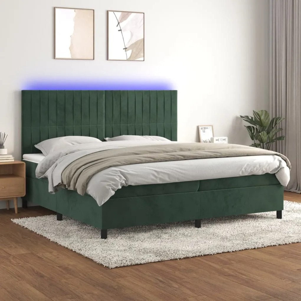 Box spring postel s matrací a LED tmavě zelená 200x200 cm samet 3136266