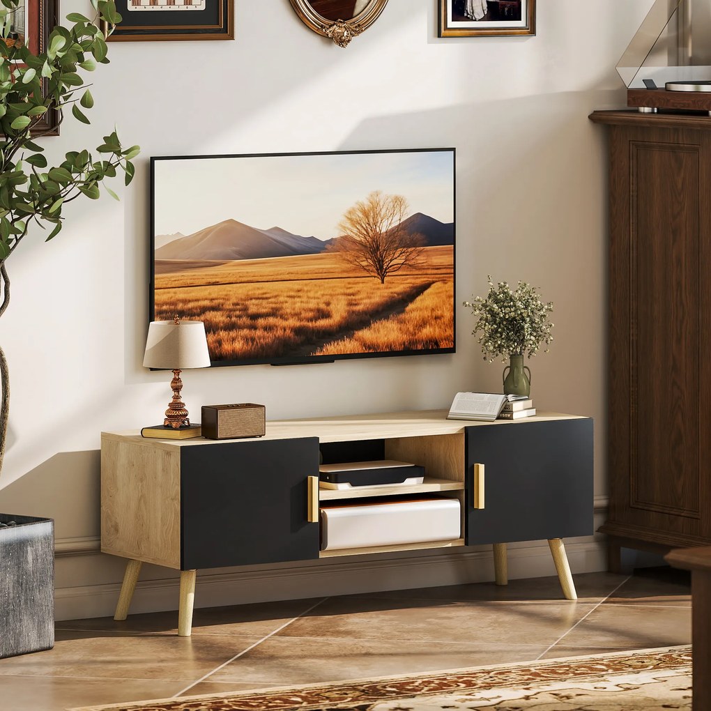 HOMCOM TV nábytek, TV stolek z dřeva až do 127 cm s přihrádkami, 2 skříněmi a průchody pro kabely, dub
