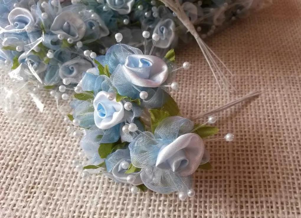 Svatební růžičky modré mini  12svazků po 6 ks, 10cm 1 kvítek 3cm