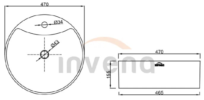 Invena Granada, kulaté umyvadlo na desku 470x470x155 mm, bílá, INV-CE-45-001-W
