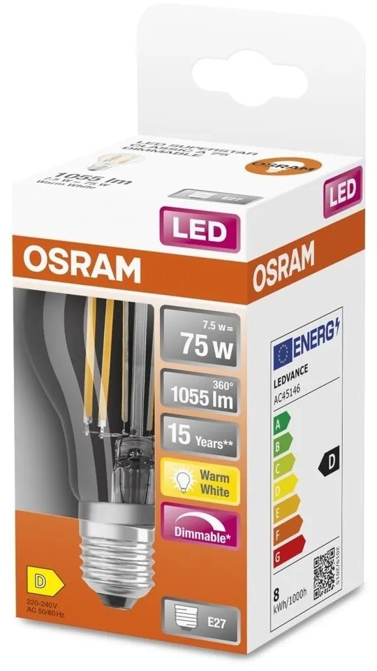 Stmívatelná LED průhledná žárovka E27 7,5 W CLASSIC A, teplá bílá