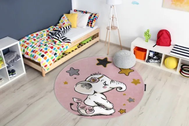 Koberec PETIT ELEPHANT Slůně HVĚZDY kruh růžový