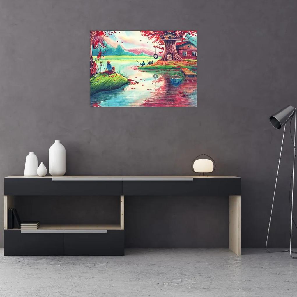 Skleněný obraz - Aquarel, Zátoka v horské vesničce (70x50 cm)