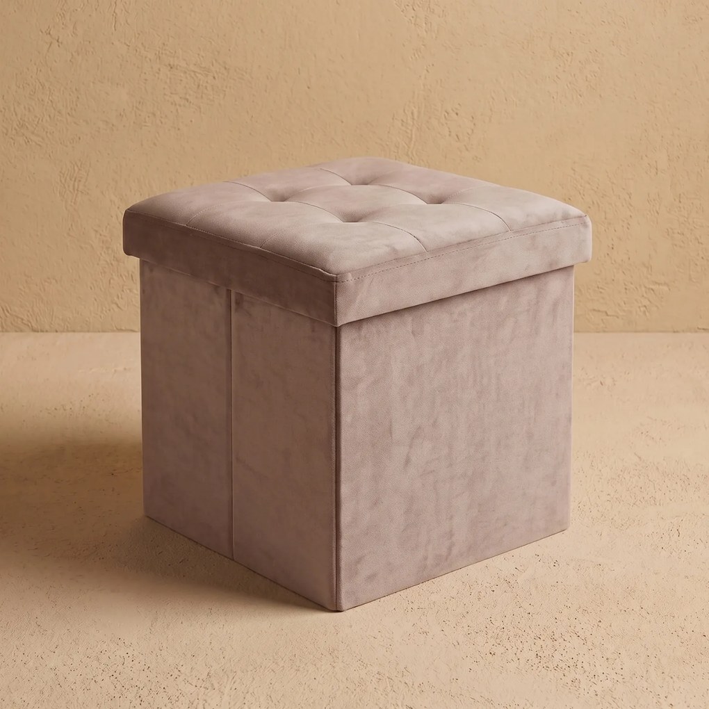 Taburet s úložným prostorem, sametový, skládací, 38 × 38 × 38 cm, hnědý