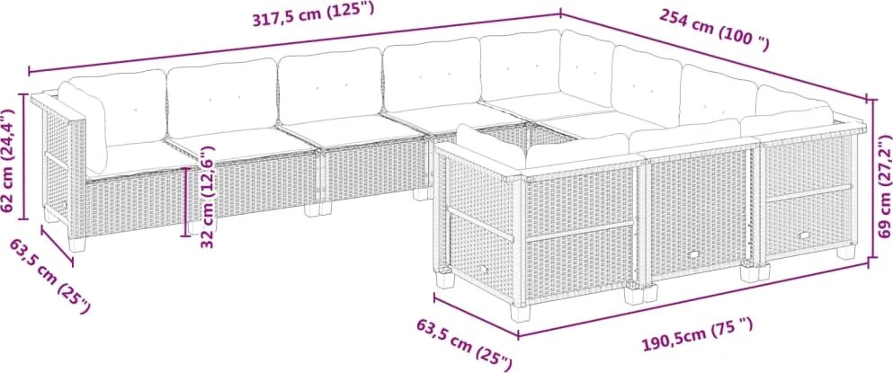10dílná zahradní sedací souprava s poduškami černá polyratan 3262031