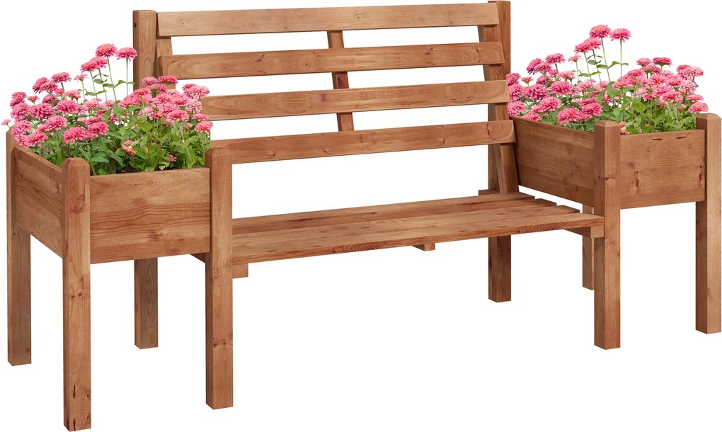 Zahradní lavička Outsunny, pro 2 osoby, dřevěná lavička s květináčem, vhodná do zahrady a na terasu, nosnost až 240 kg, 184 x 59 x 95 cm, tmavě hnědá