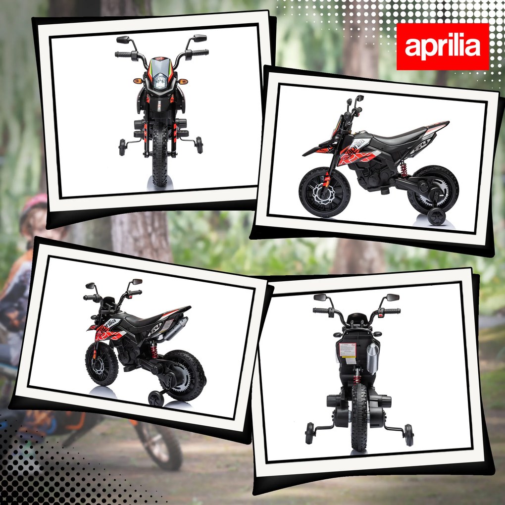 Dětská elektrická motorka AIYAPLAY křížový motocykl pod licencí Aprilia se 2 motory 12V, max. rychlost 6 km/h, tréninková kolečka, pružinové odpružen…