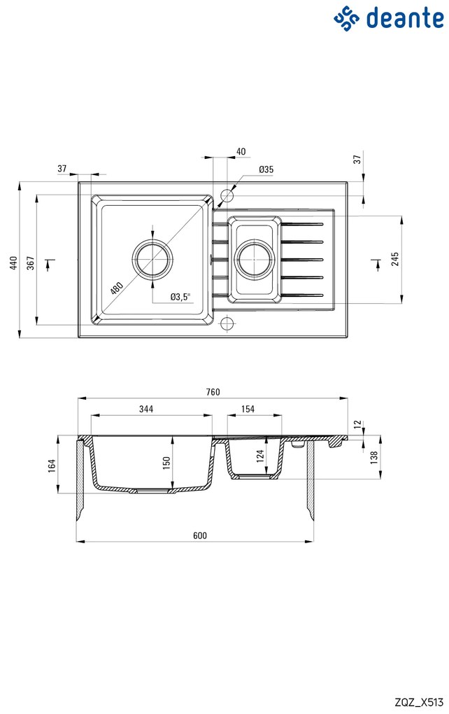 Deante Dřez Zorba 1,5 komory s odkapávačem, granit - ZQZ T513 antracit metalic