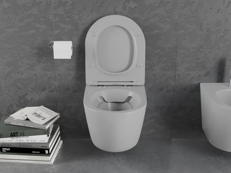 Mexen Lena WC mísa Rimless s WC deskou slim, duroplast, světle šedá matná, 30224061