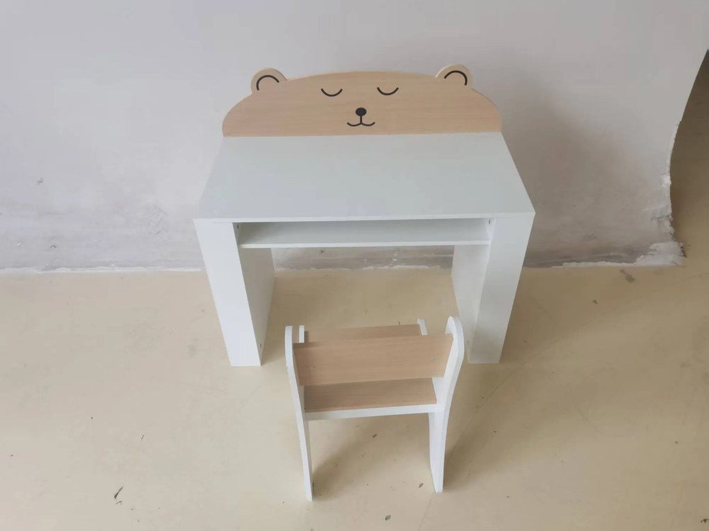 AIYAPLAY dětský stůl se židlí 2dílná dětská sezení s knihovnou a úložným prostorem, design medvěd pro děti 3-8 let, bílé