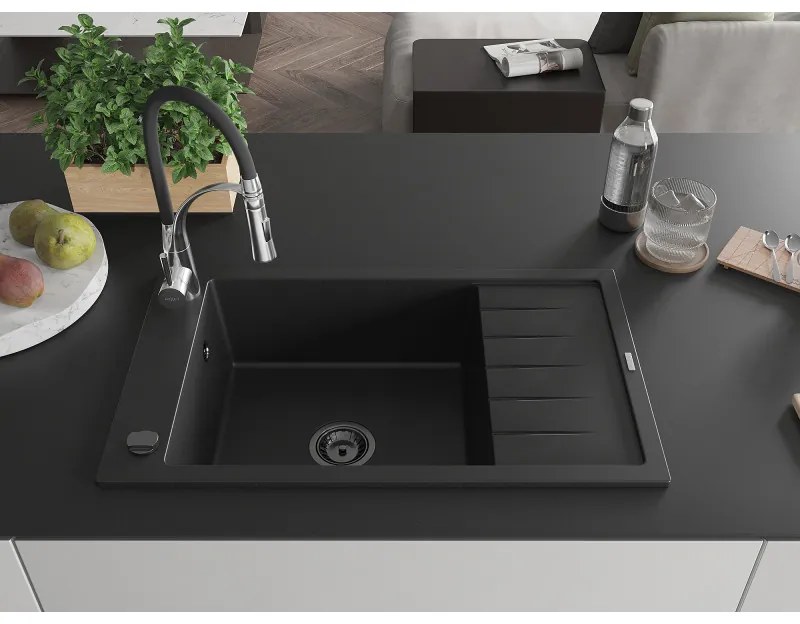 Mexen Elias, 1-komorový granitový dřez 795x480x200 mm a dřezová baterie Aster, černá, 6511-77-73450-07-B