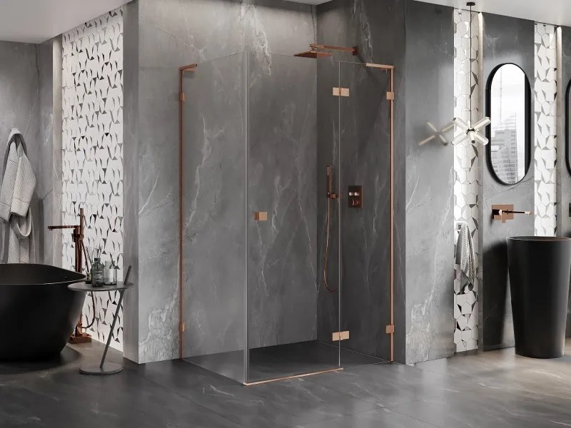 Mexen Lunar L, pravostranný výklopný sprchový kout 85 x 90 cm, 8mm čiré sklo, měděný matný profil, 834L-085-090-65-00-P