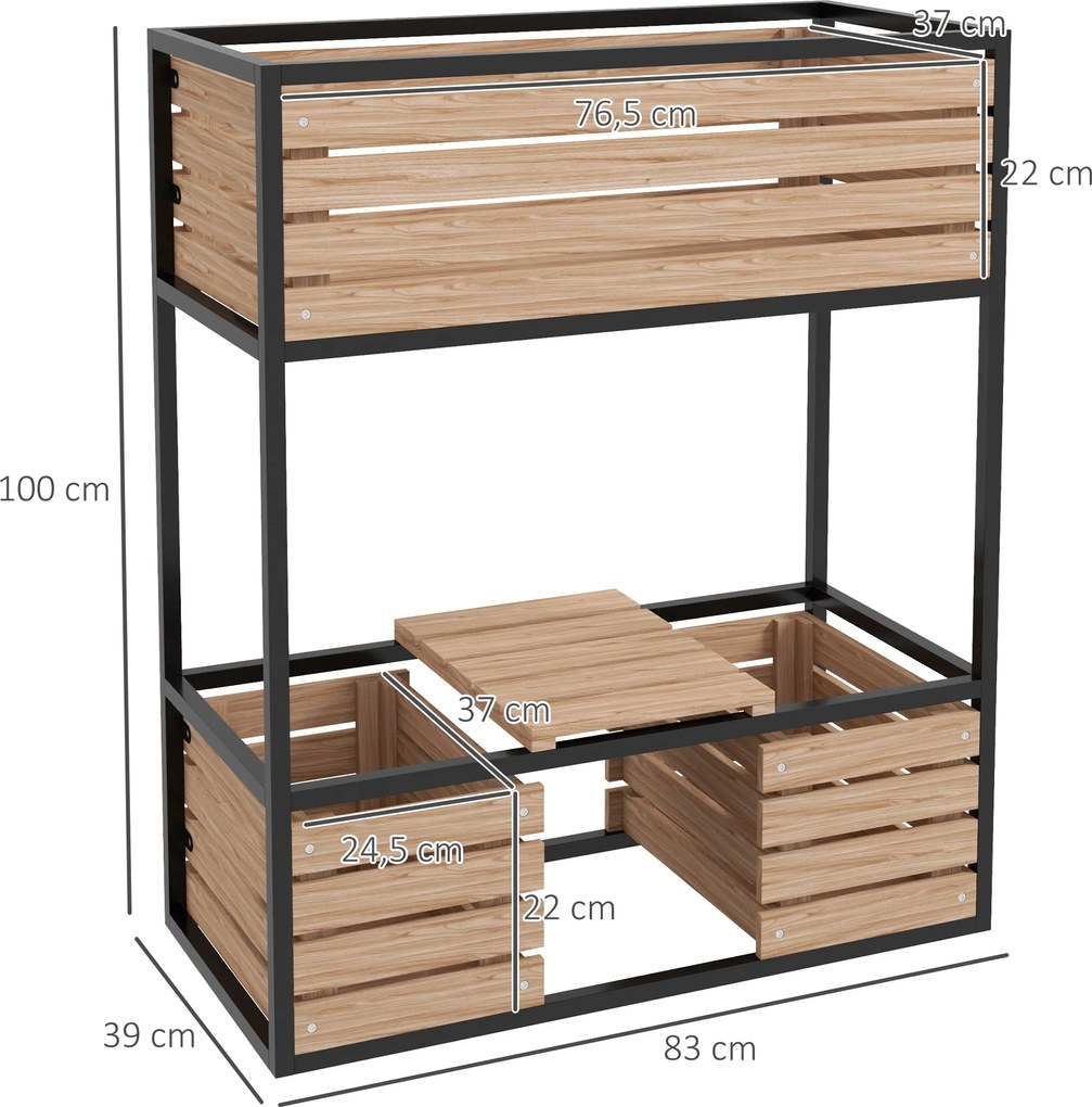 Vyvýšený záhon s truhlíky, odolný proti povětrnostním vlivům, 3 truhlíky, 83 cm x 39 cm x 100 cm, přírodní + černá barva