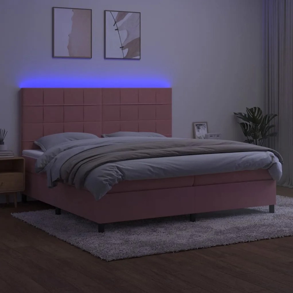 Box spring postel s matrací a LED růžová 200x200 cm samet 3136148
